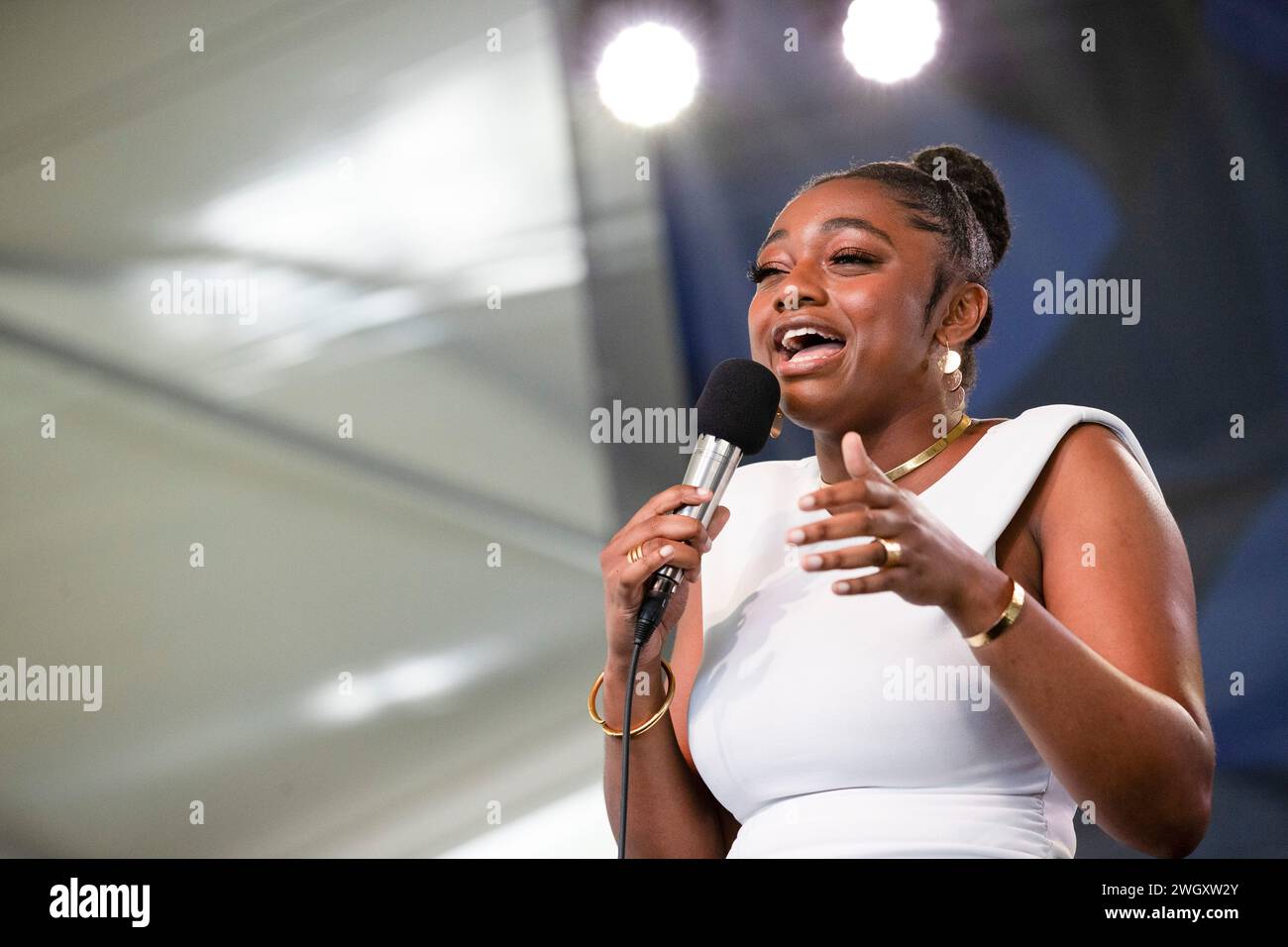 Samara Joy performs on the quad stage at the 2023 Newport Jazz Festival ...
