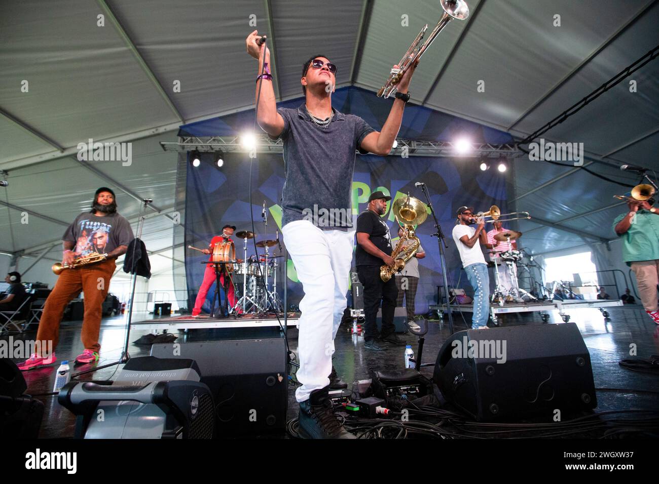 Trumpet player Marcus Hubbard of The Soul Rebels gets the crowd going ...