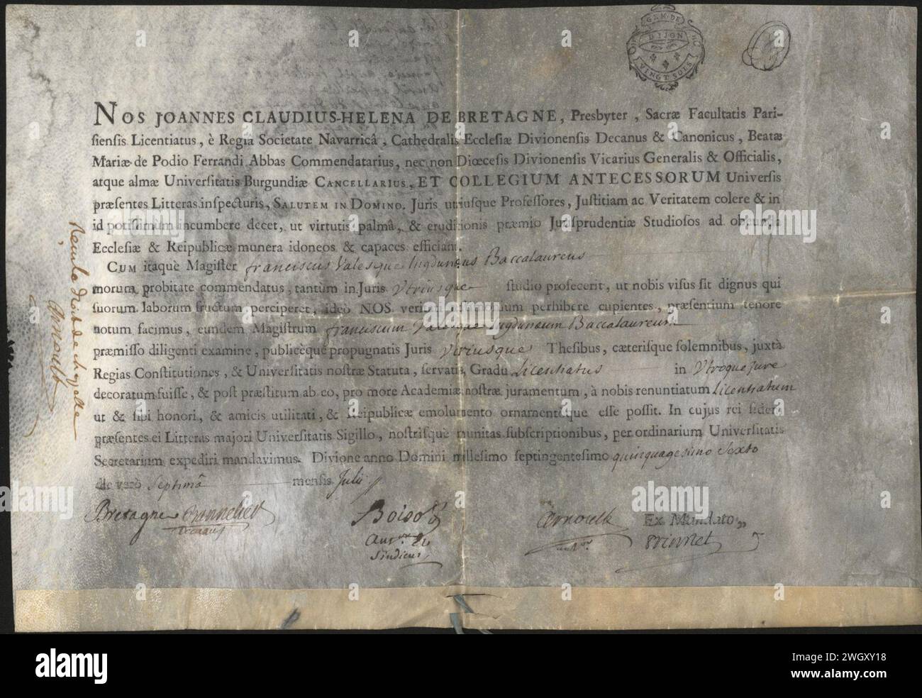 Attestation de réussite au baccalauréat de François Valesque, 1756 ...