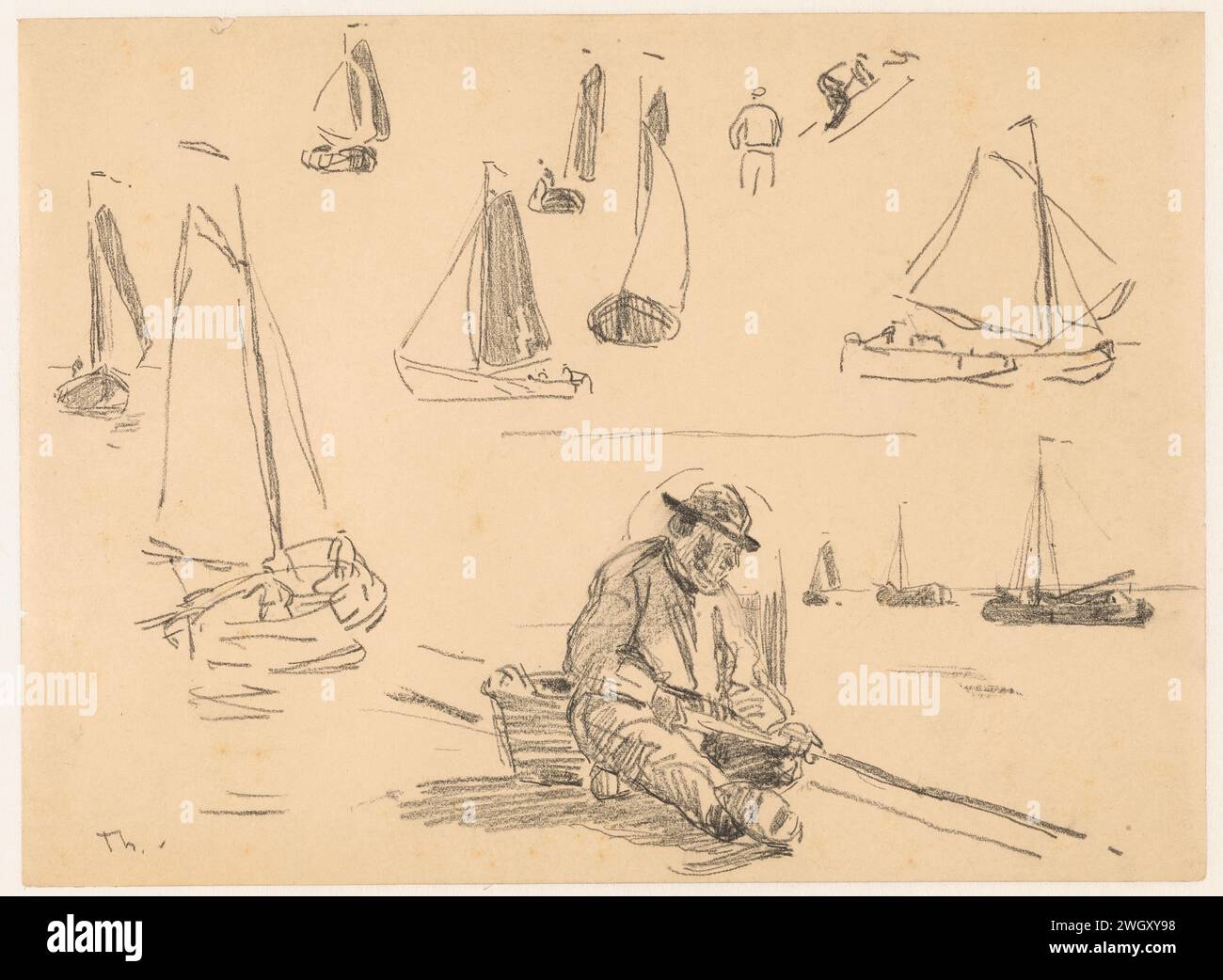 Study sheet with various sailing ships and a fisherman, Willem Bastiaan ...