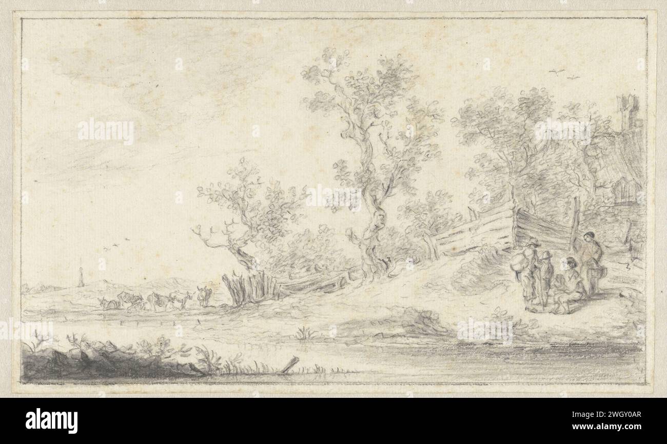 Landscape with a group of four people, Left cattle, Hendrik Chalon ...