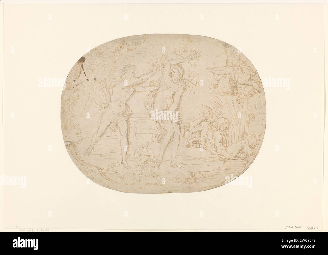 Apollo en Daphne, Jan Claudius de Cock, 1701 drawing paper. ink. chalk pen Daphne changed into a ...