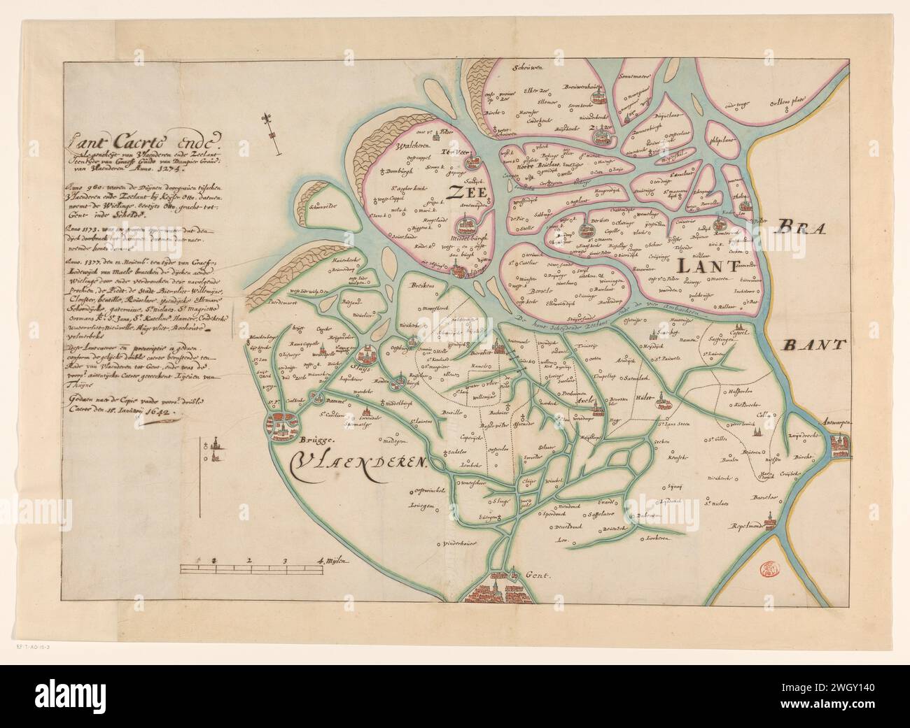 Map of Zeeland and Flanders, 1274, Anonymous, After Lieven van Thuyne ...