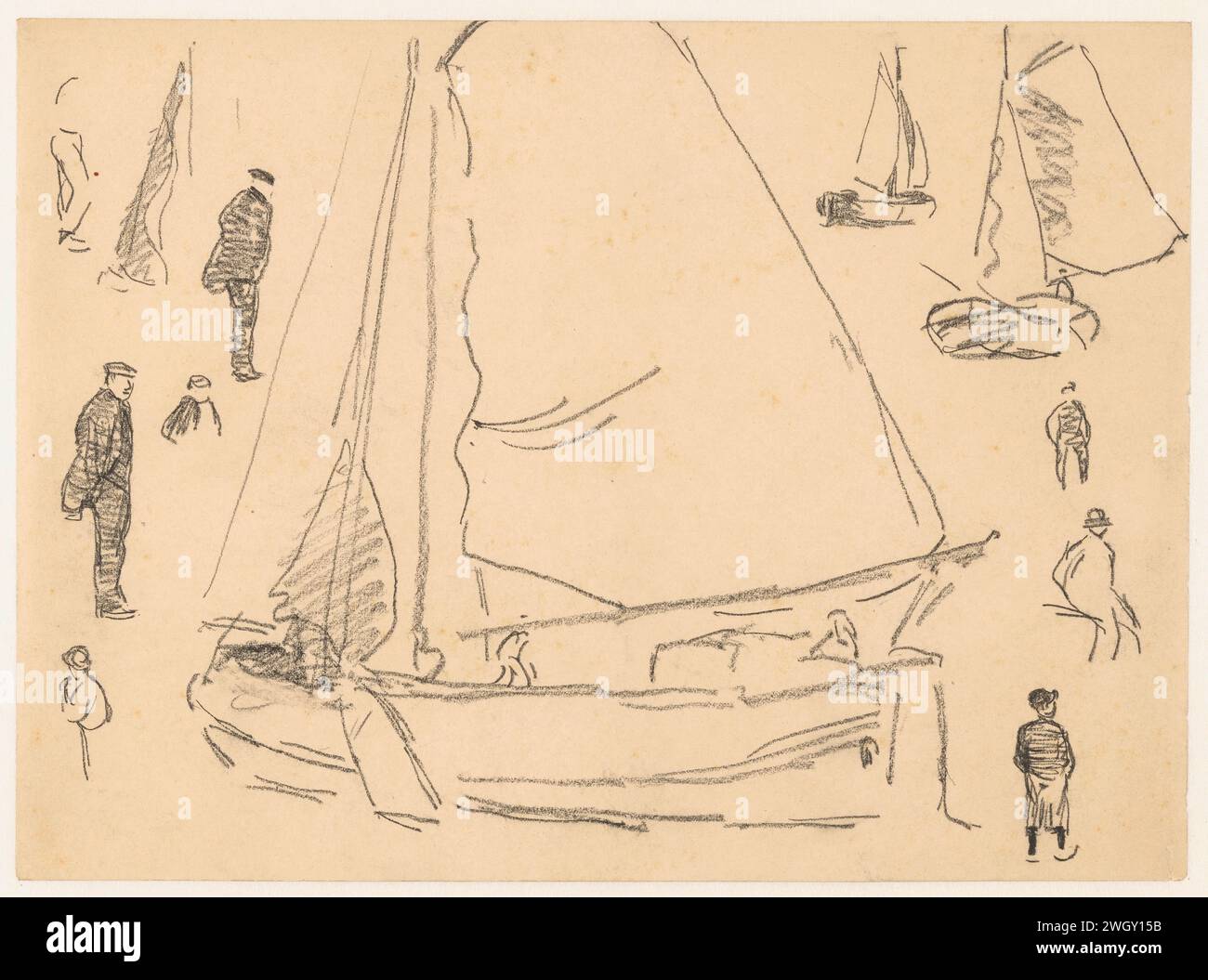 Study sheet with three sailing ships and some figures, Willem Bastiaan ...