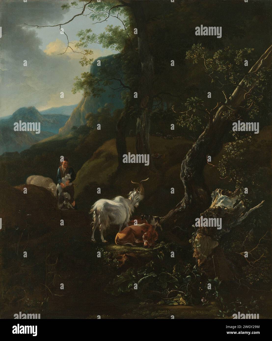 A Sherpherdess with Animals in a Mountainous Landscape, Adam Pijnacker ...