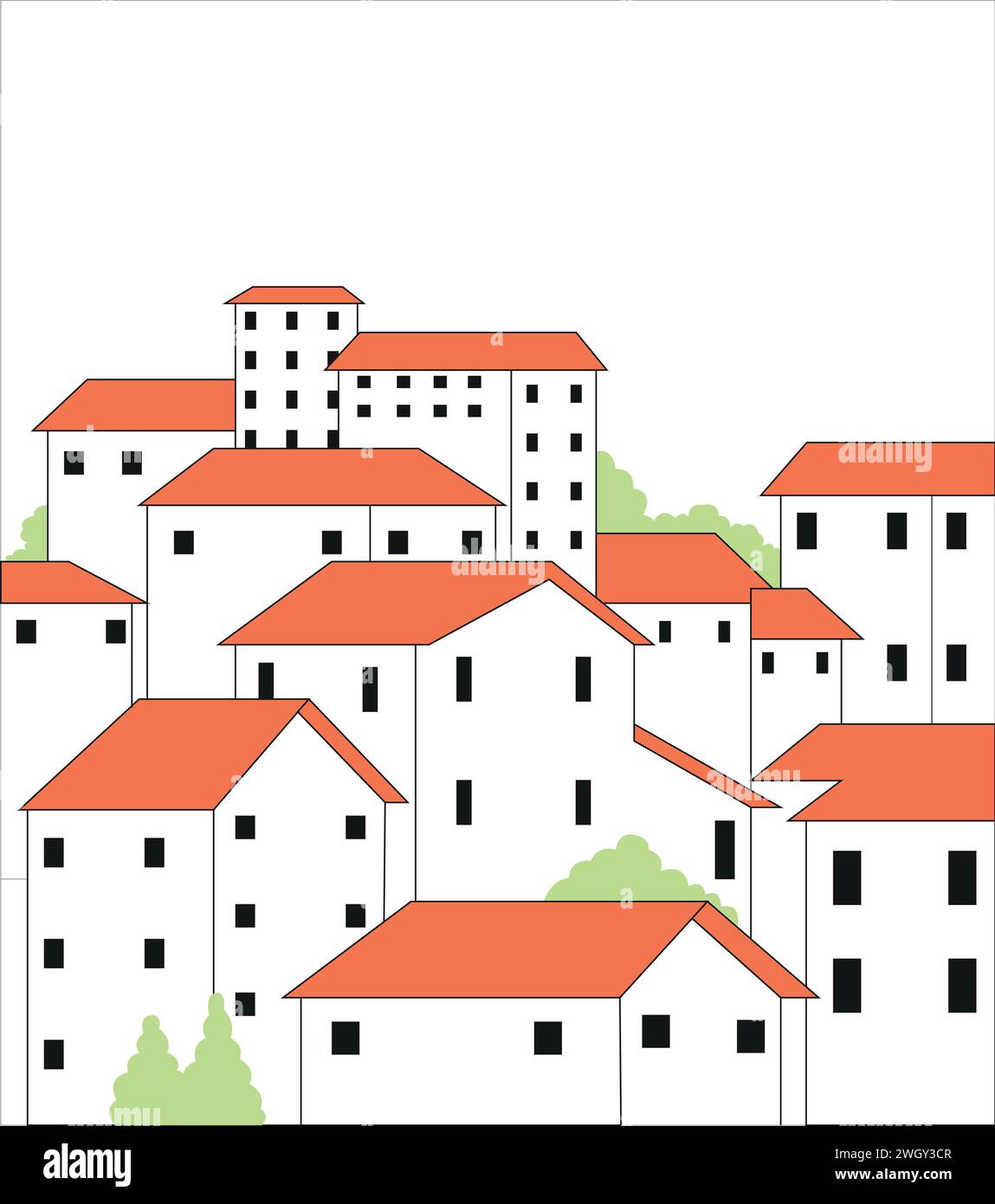 Suburban town street against the background of the big city. Vector ...