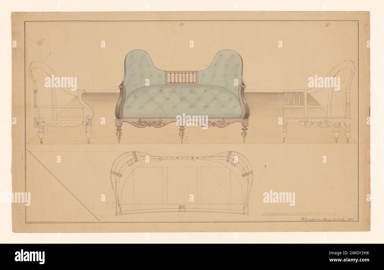 Design for a covered canapé, with a side view and half a front view ...