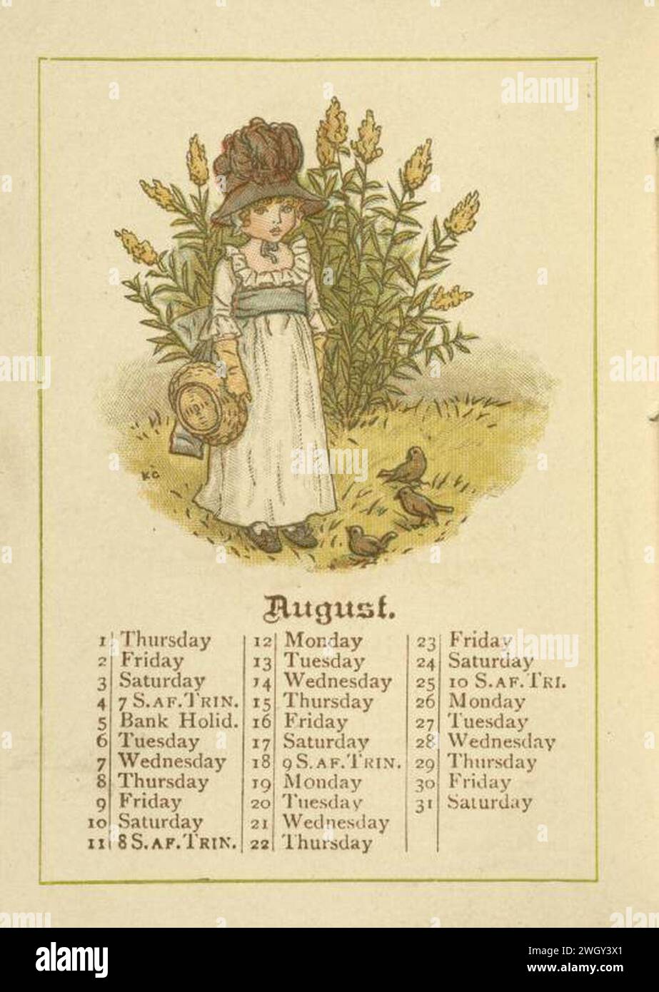 August calendar page from ‘Almanack for 1889′ by Kate Greenaway (1846 ...