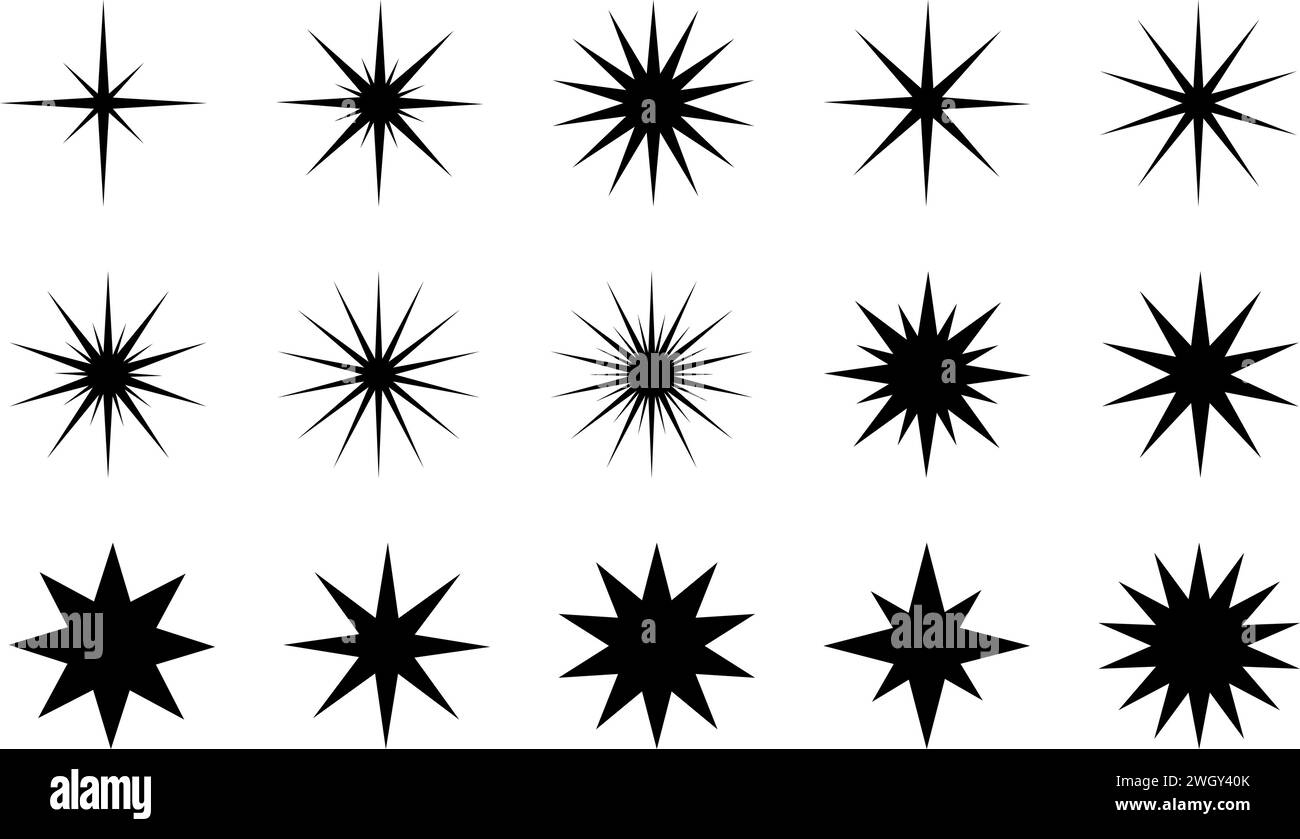 Black stars icons. Sun, sparkle, twinkle, starburst, bling, stardust signs. Flash, flare, glare ...