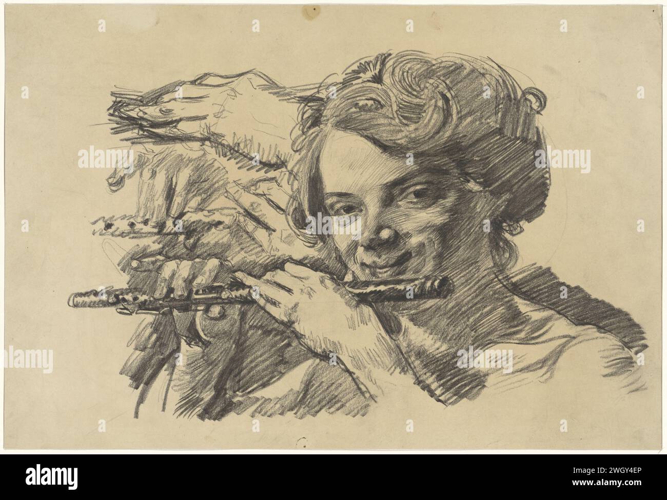 Flute player, Martin Monnickendam, 1884 - 1931 drawing cardboard. chalk ...