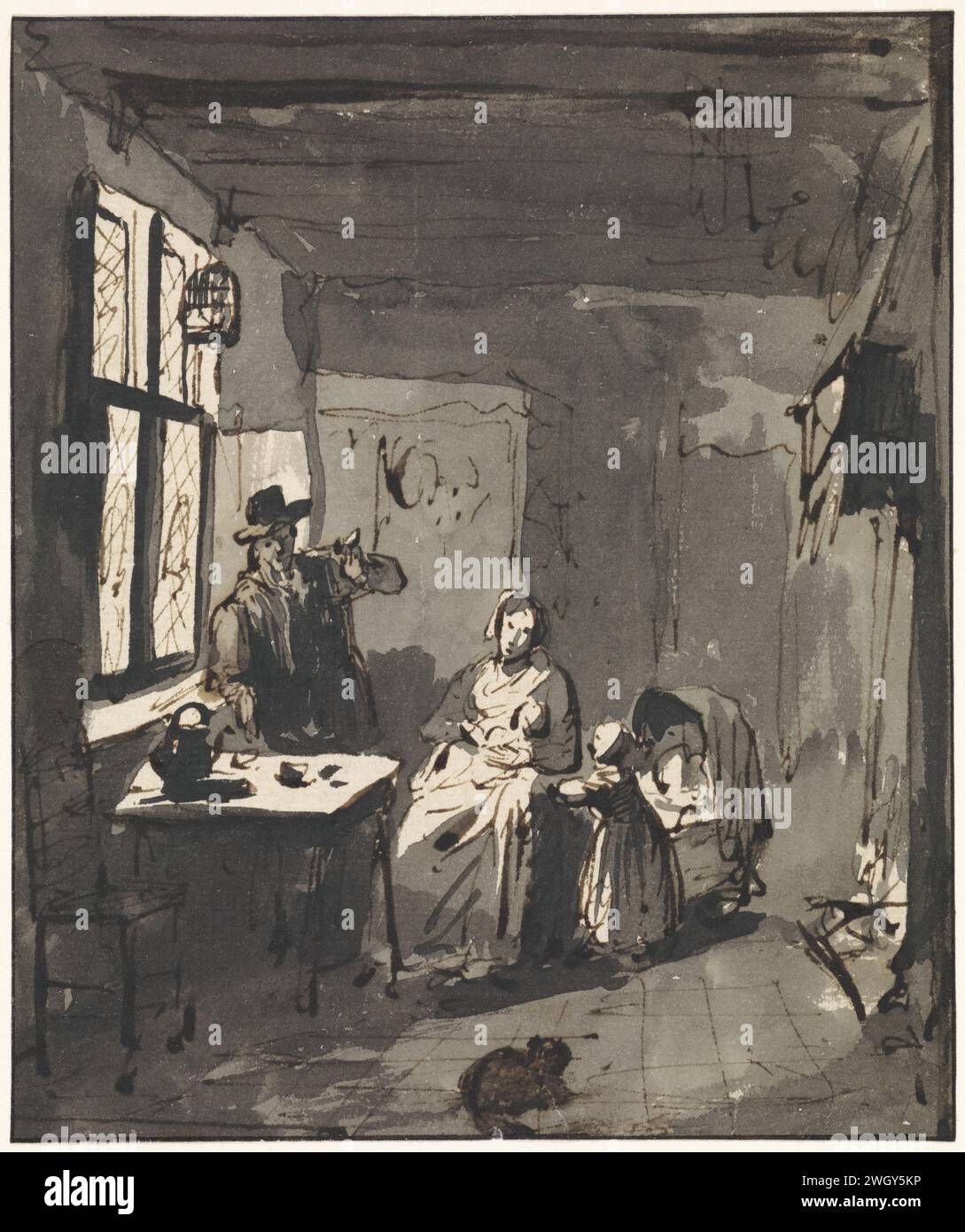 Interior with family scene, Elisabeth Alida Haanen, 1819 - 1845 drawing ...