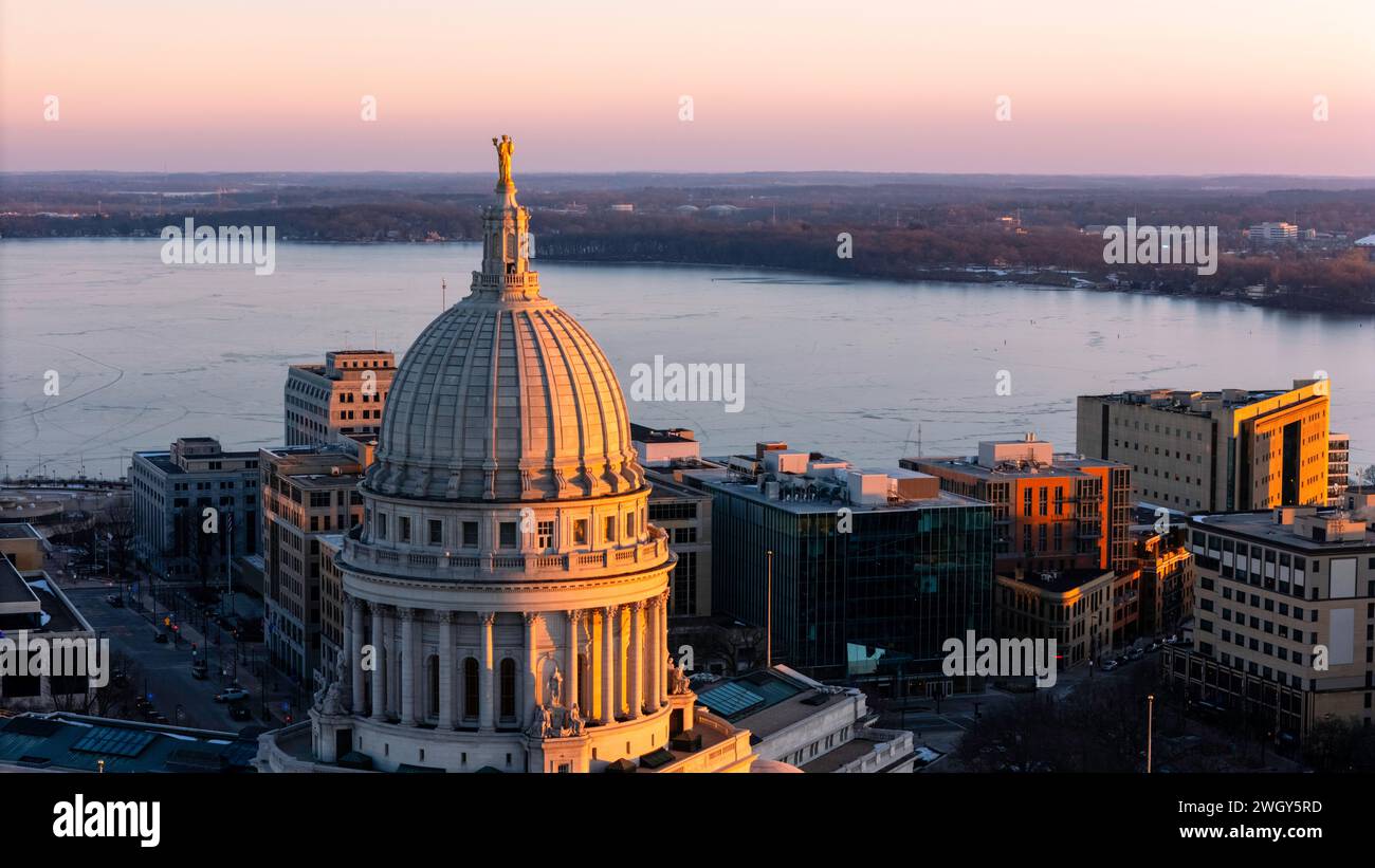 Aerial photograph of sunset over Madison, Wisconsin on a beautiful ...