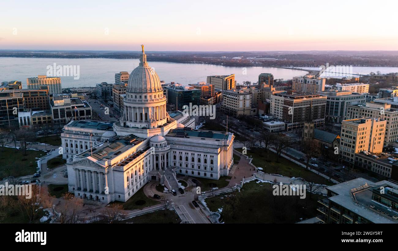 Aerial photograph of sunset over Madison, Wisconsin on a beautiful ...
