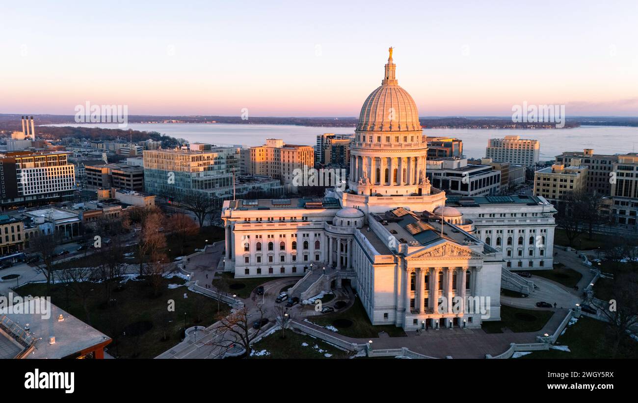Aerial photograph of sunset over Madison, Wisconsin on a beautiful ...