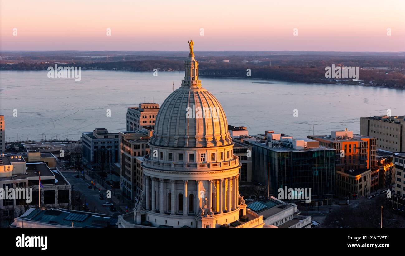 Aerial photograph of sunset over Madison, Wisconsin on a beautiful ...