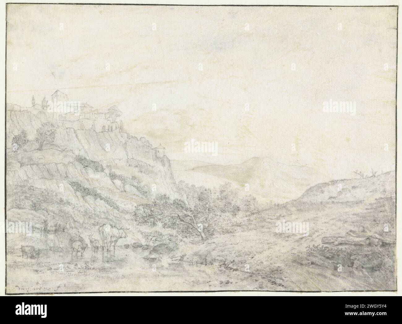 Mountain landscape with cows, Karel du Jardin, 1632 - 1678 drawing ...