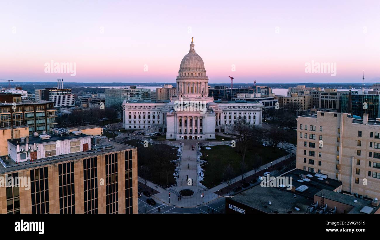 Aerial photograph of sunset over Madison, Wisconsin on a beautiful ...