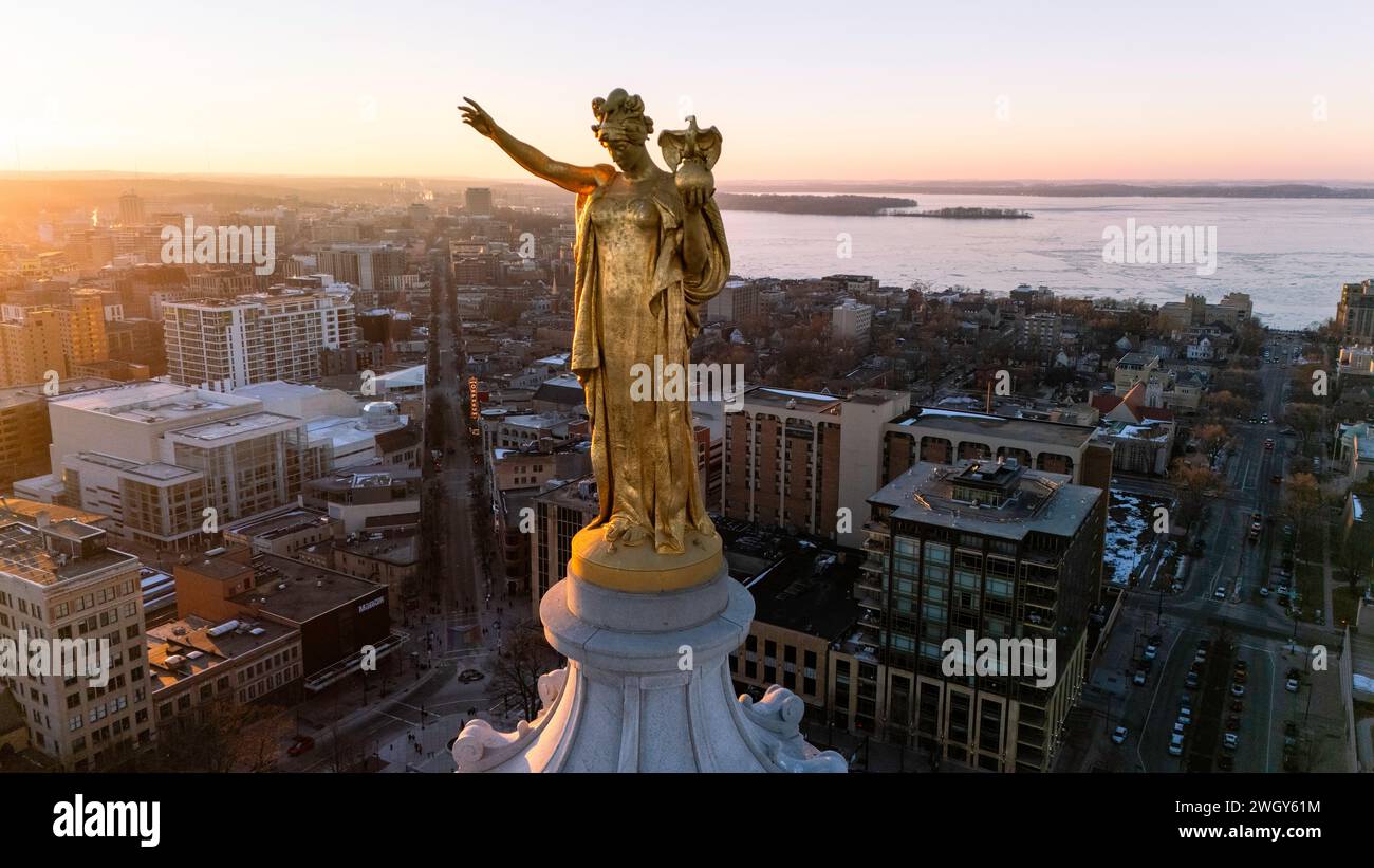 Aerial photograph of sunset over Madison, Wisconsin on a beautiful ...