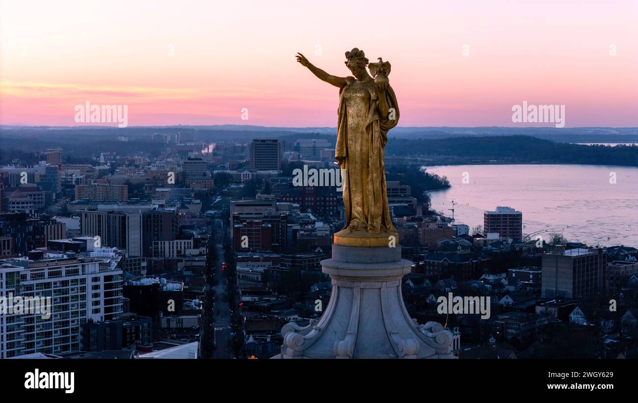 Aerial photograph of sunset over Madison, Wisconsin on a beautiful ...