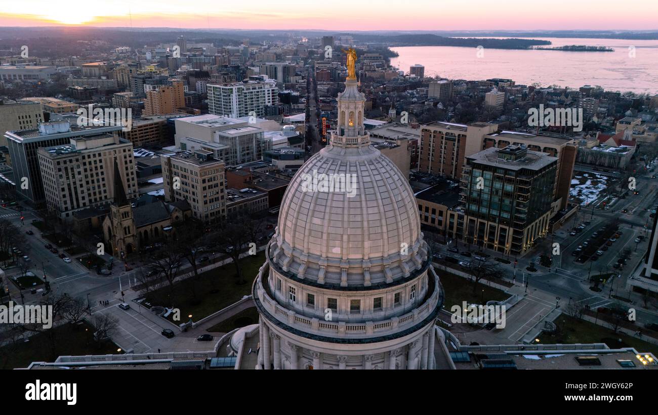 Aerial photograph of sunset over Madison, Wisconsin on a beautiful ...