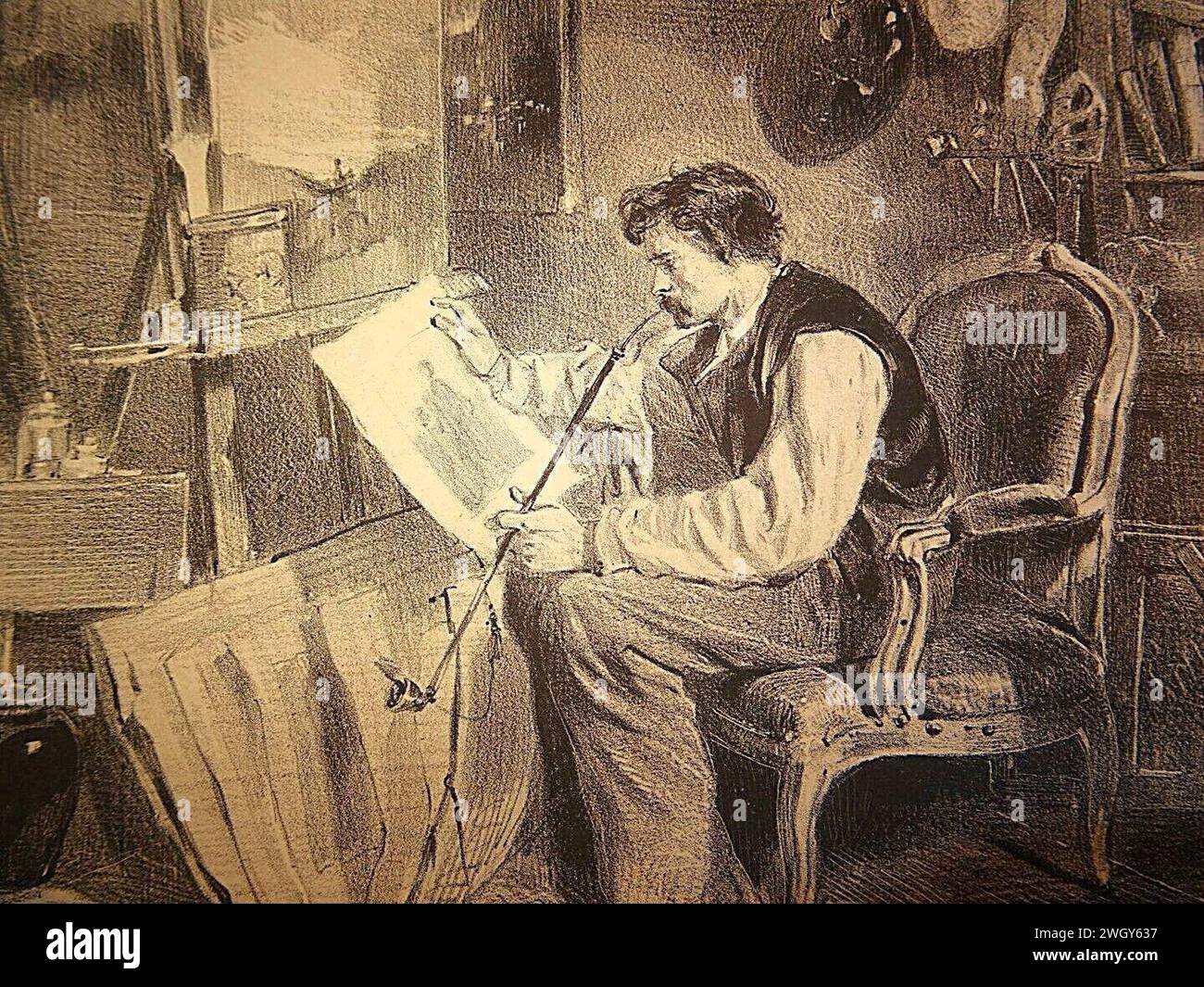 Auguste ANDRIEUX LITHO ORIGINALE AUTO PORTRAIT ATELIER PIPE 1860 01 ...