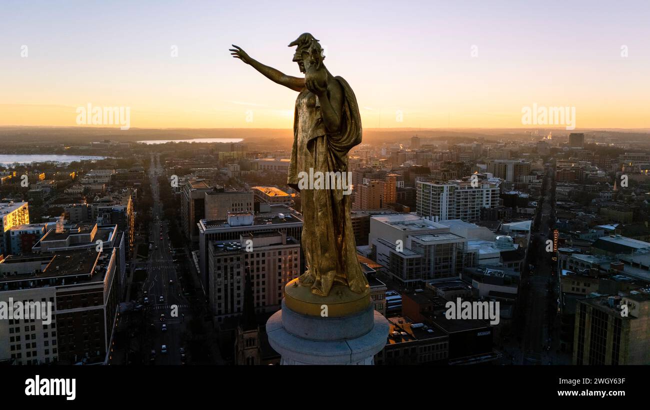 Aerial photograph of sunset over Madison, Wisconsin on a beautiful ...