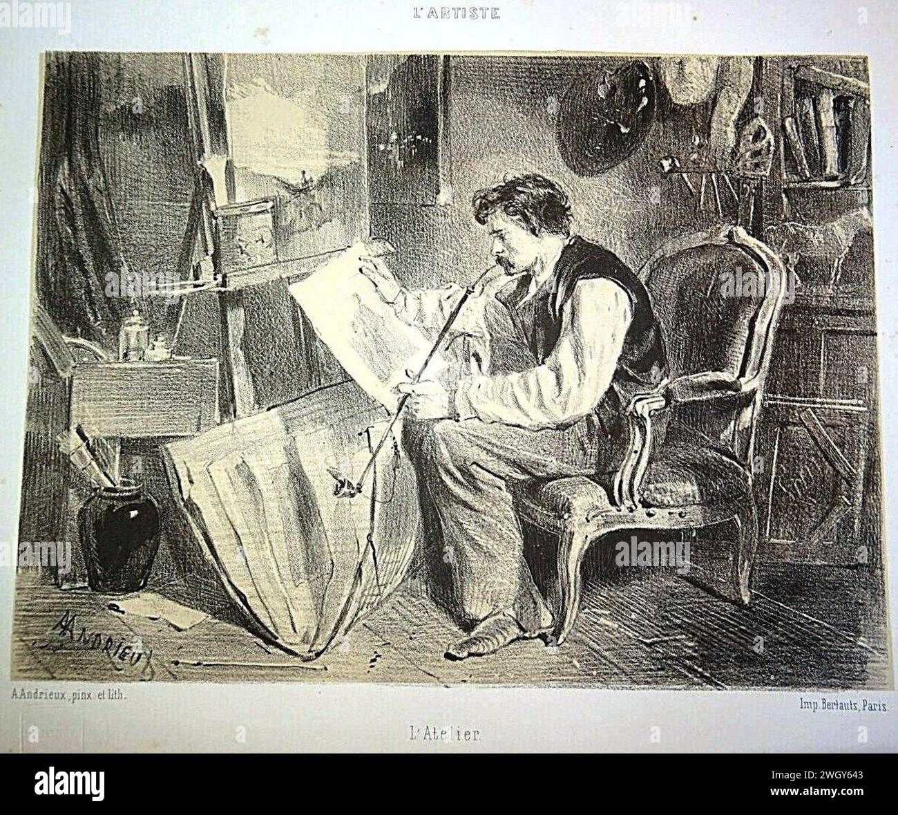 Auguste ANDRIEUX LITHO ORIGINALE AUTO PORTRAIT ATELIER PIPE 1860 02 ...
