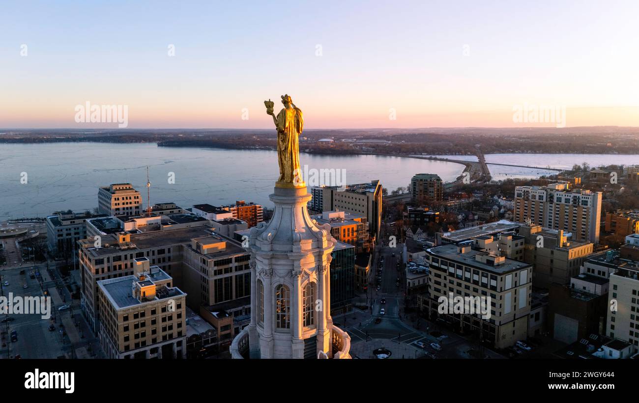 Aerial photograph of sunset over Madison, Wisconsin on a beautiful ...