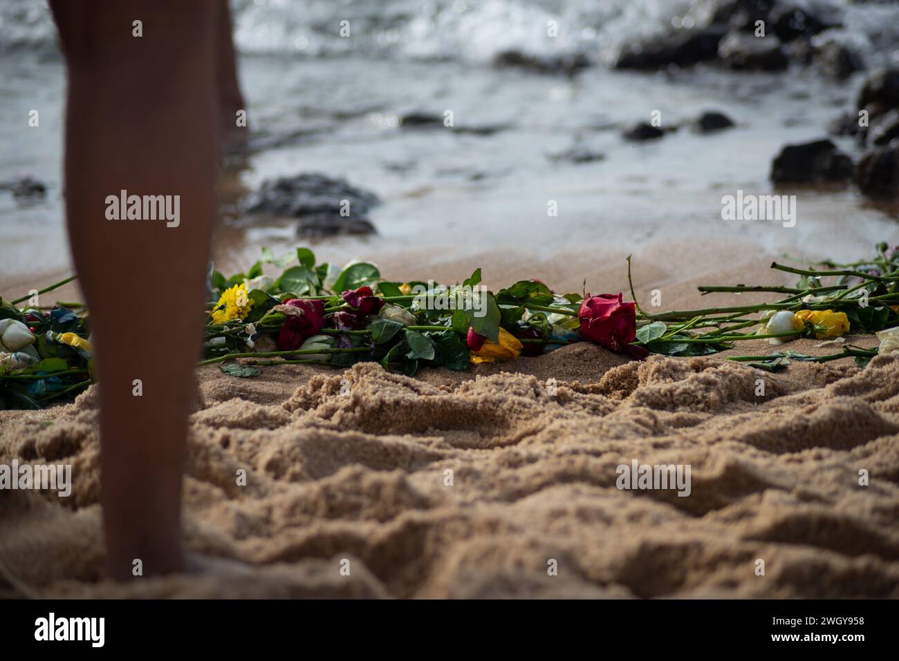 Lower part of the legs of unidentified people wet in the beach water ...