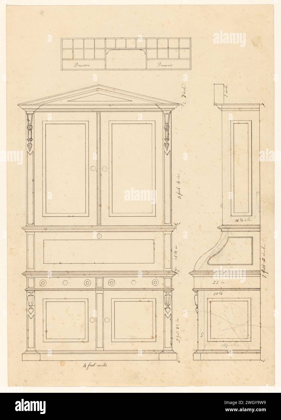 Design for a desk with uprising, with side view and detail of the ...