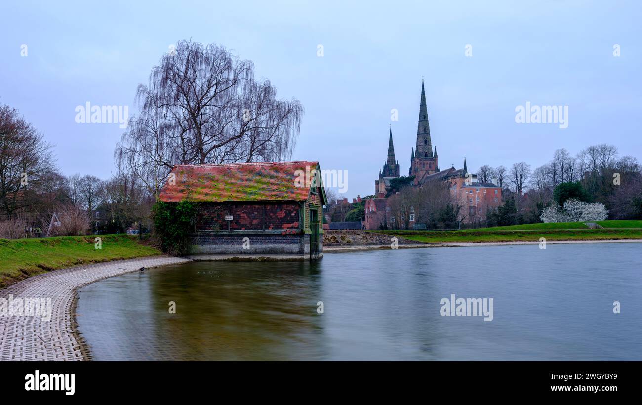 Lichfileld, UK - Mar 3, 2023: Lichfield Cathedral and the Stowe Pond ...