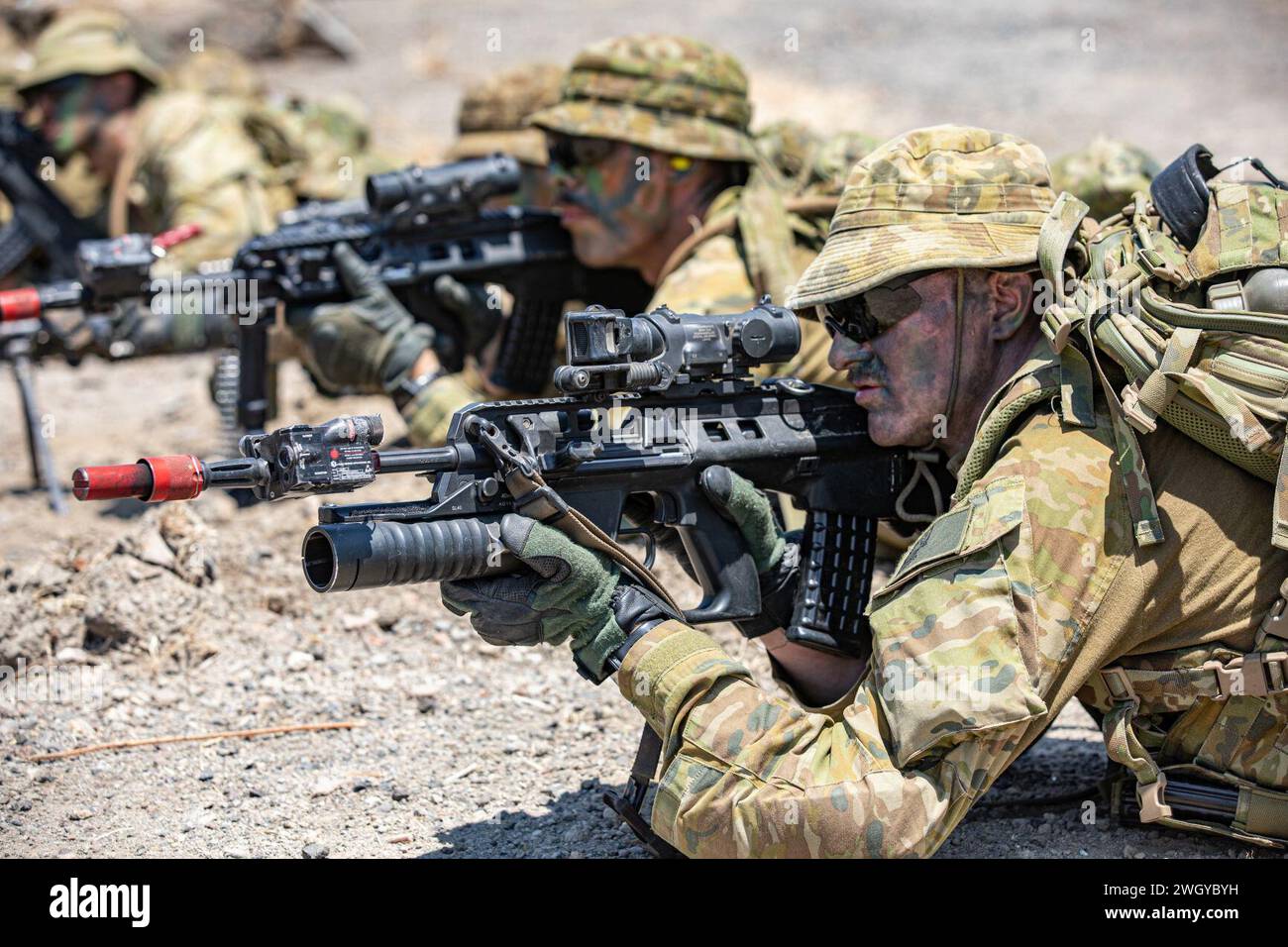 Australian Soldier aims EF88 and SL40 Grenade Launcher with Blank ...