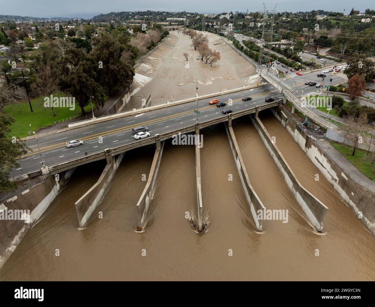 Los Angeles, USA. 06th Feb, 2024. Drone view of the LA River full of ...