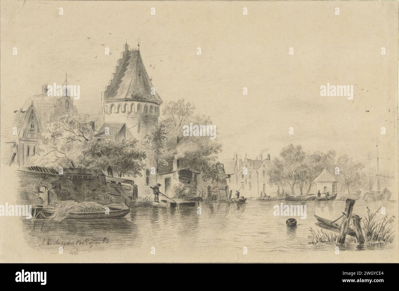 Landscape with a tower on the water, A. van Ameyden van Duyn Dzn., 1851 ...