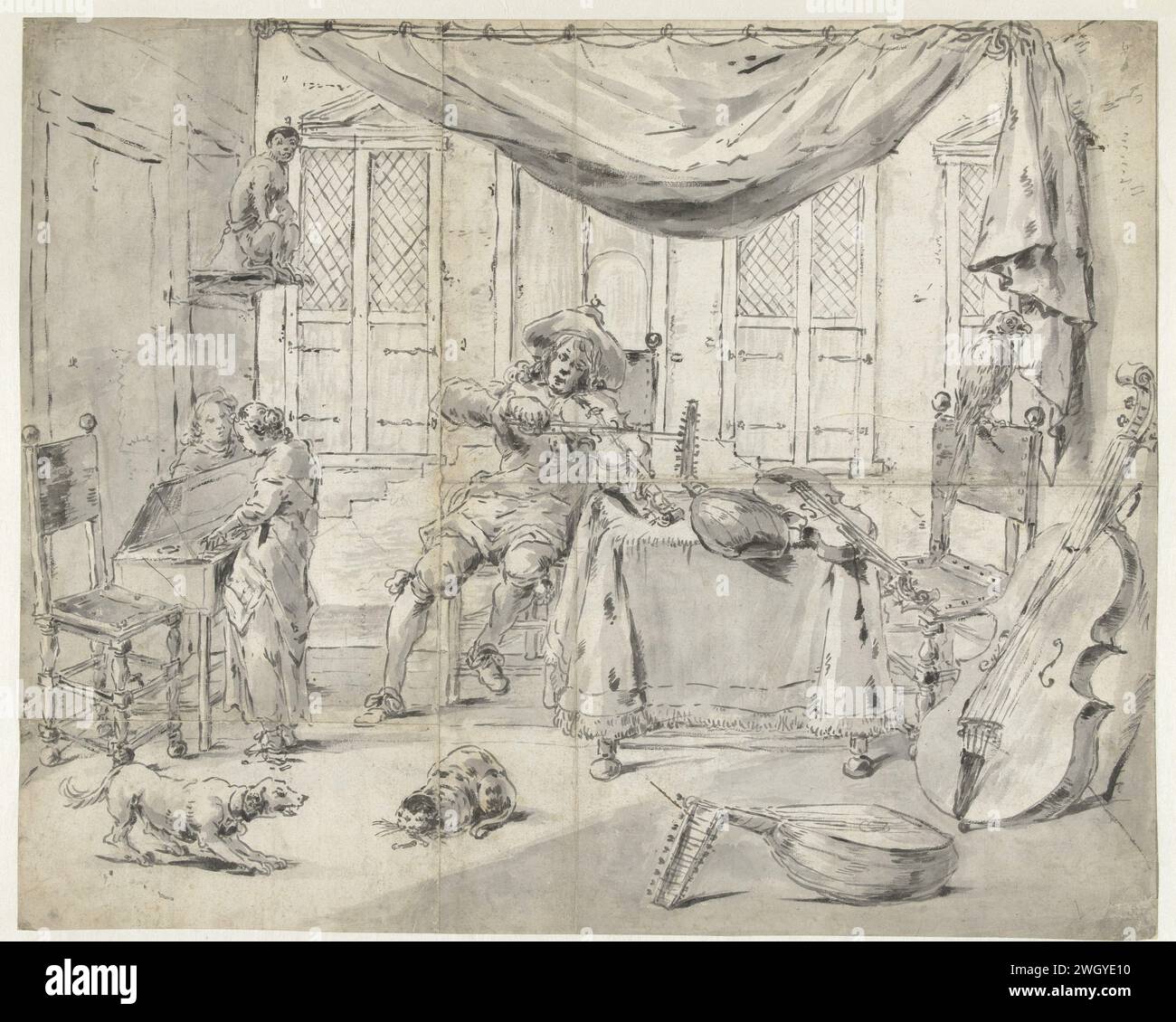 Musicians in an interior, Leonaert Bramer, 1606 - 1674 drawing On the ...
