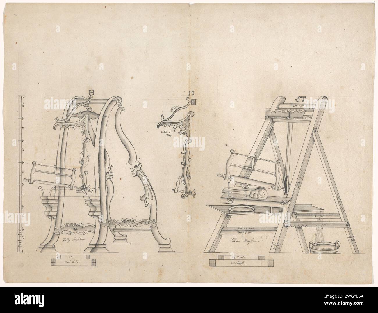 Saw, Anonymous, c. 1750 drawing Saw in rococo style for sawing wood, to ...