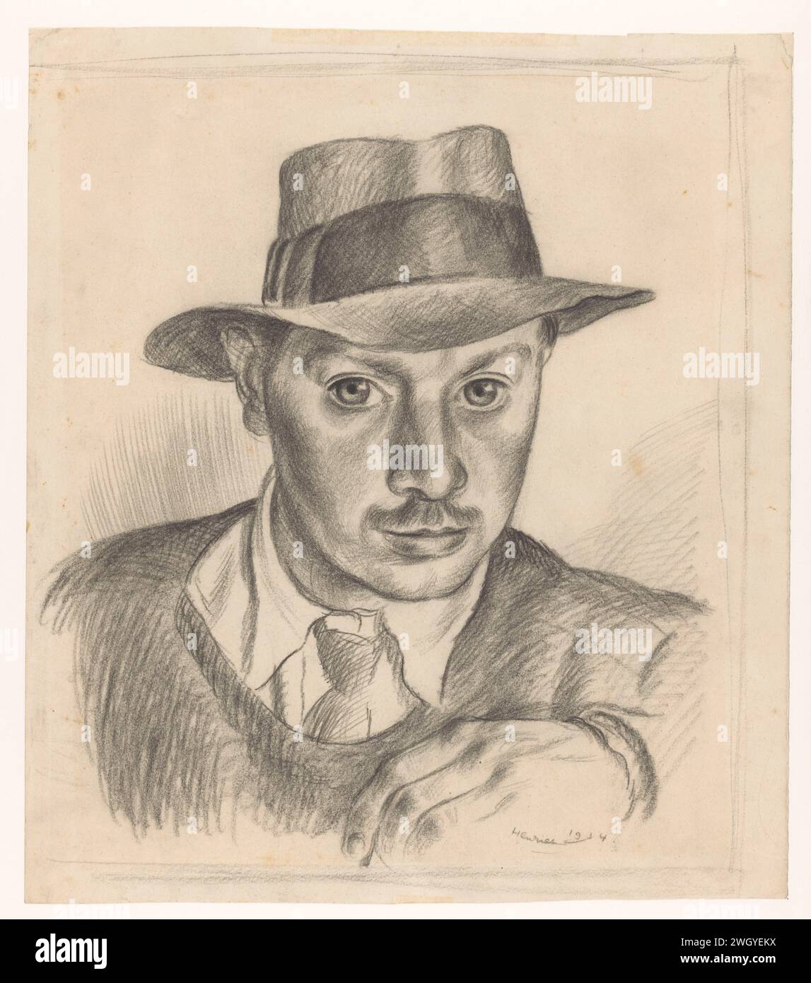 Portrait of an unknown man with a hat, 1934 drawing paper. chalk ...