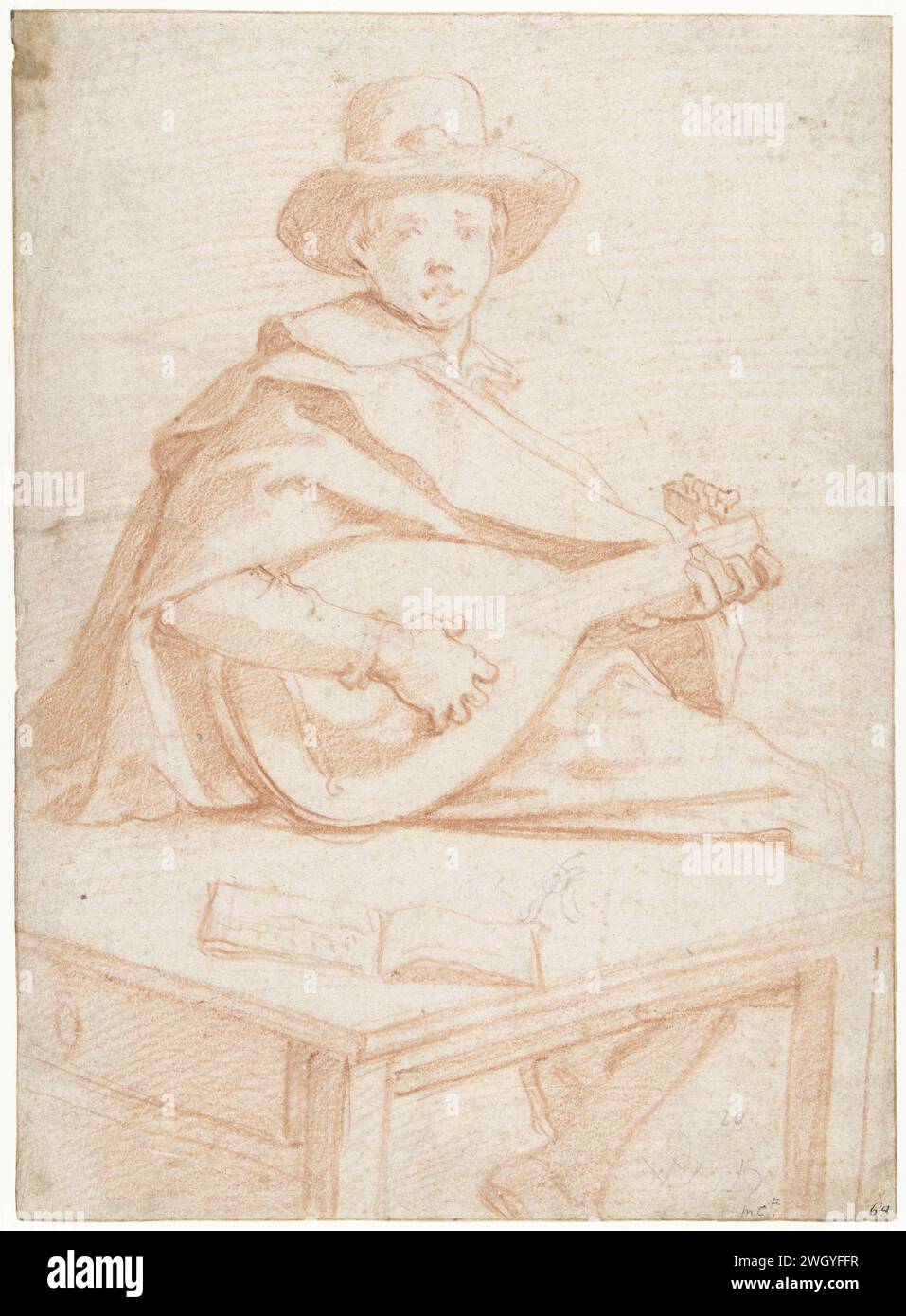 A lute player, Jacopo da Empoli, 1561 - 1640 drawing paper. chalk lute ...