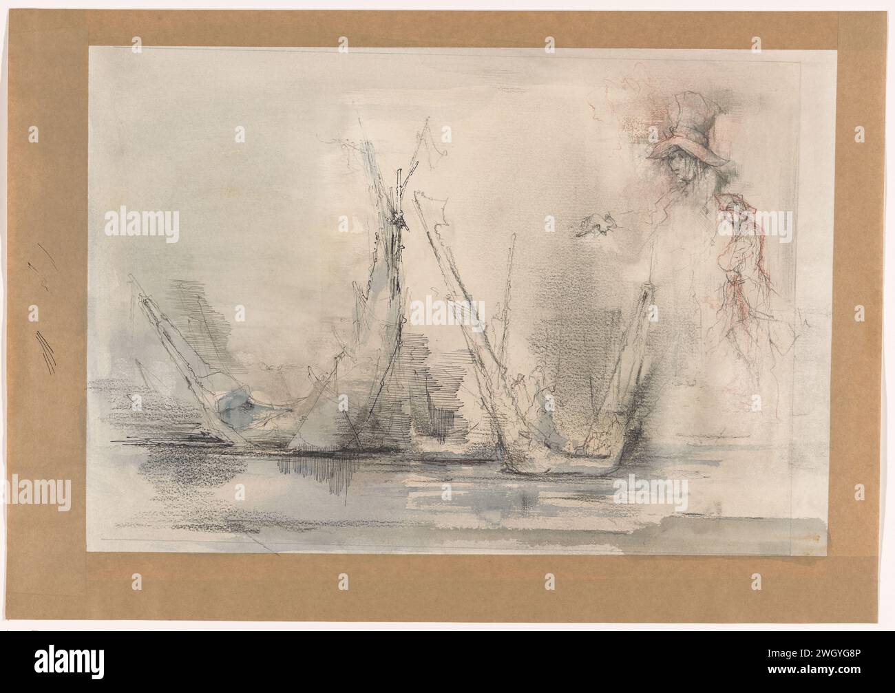 Regatta, Dirkje Kuik, 1973 drawing A few sailing ships on water, on the ...