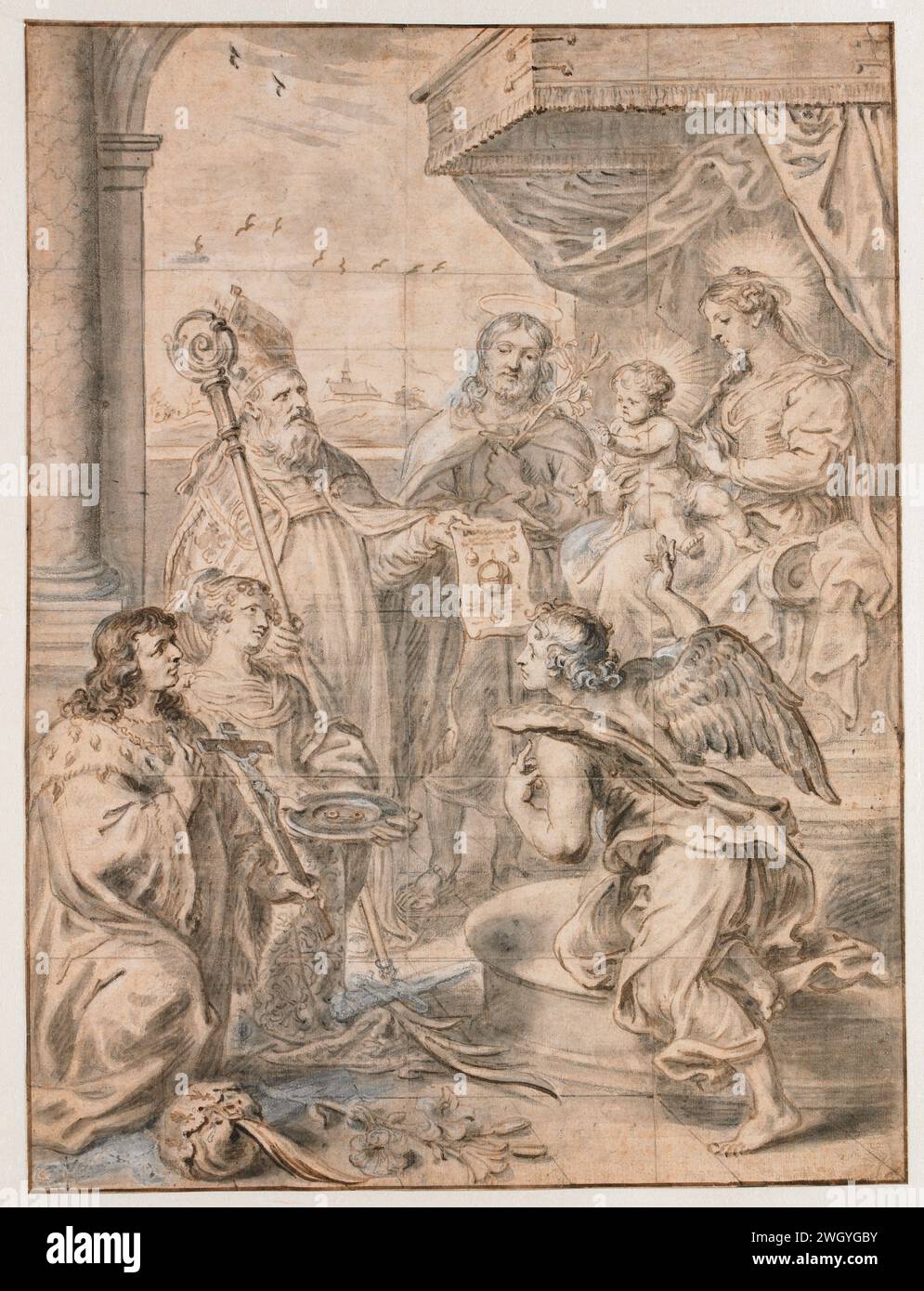 Maria with child on throne worshiped by three saints, Abraham van ...