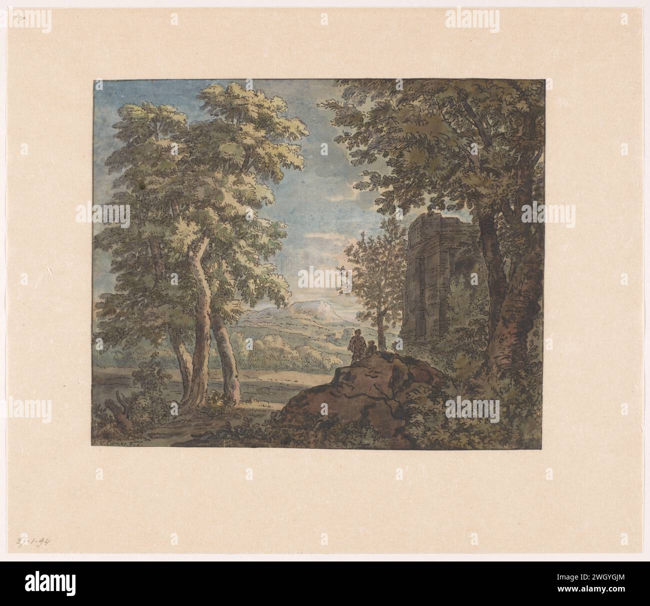 Arcadian landscape with antique ruin and two men, Jacob van Liender ...