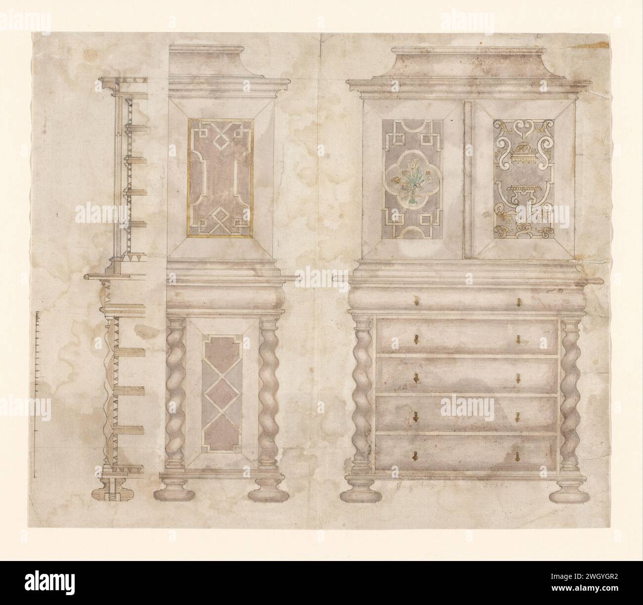 Design for a collector's cabinet on a commoda -shaped frame, with paper ...