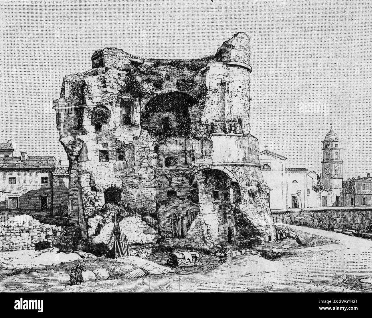 Avenza – Avanzo del castello di Castruccio Castracani (xilografia Stock ...