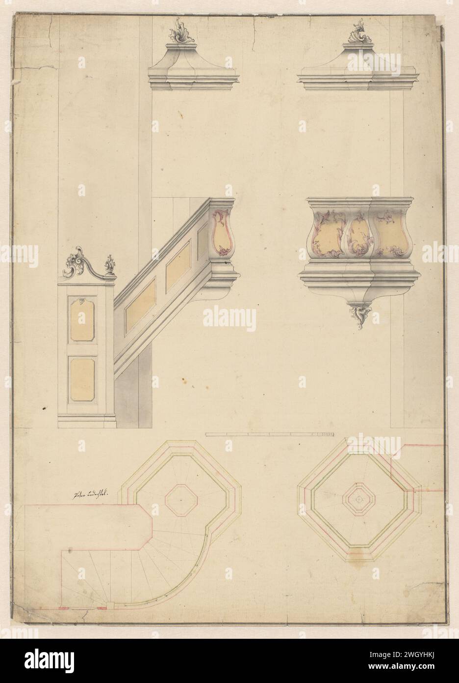 Design for a pulpit, Peter Bodechtal, c. 1750 - c. 1770 drawing On the ...