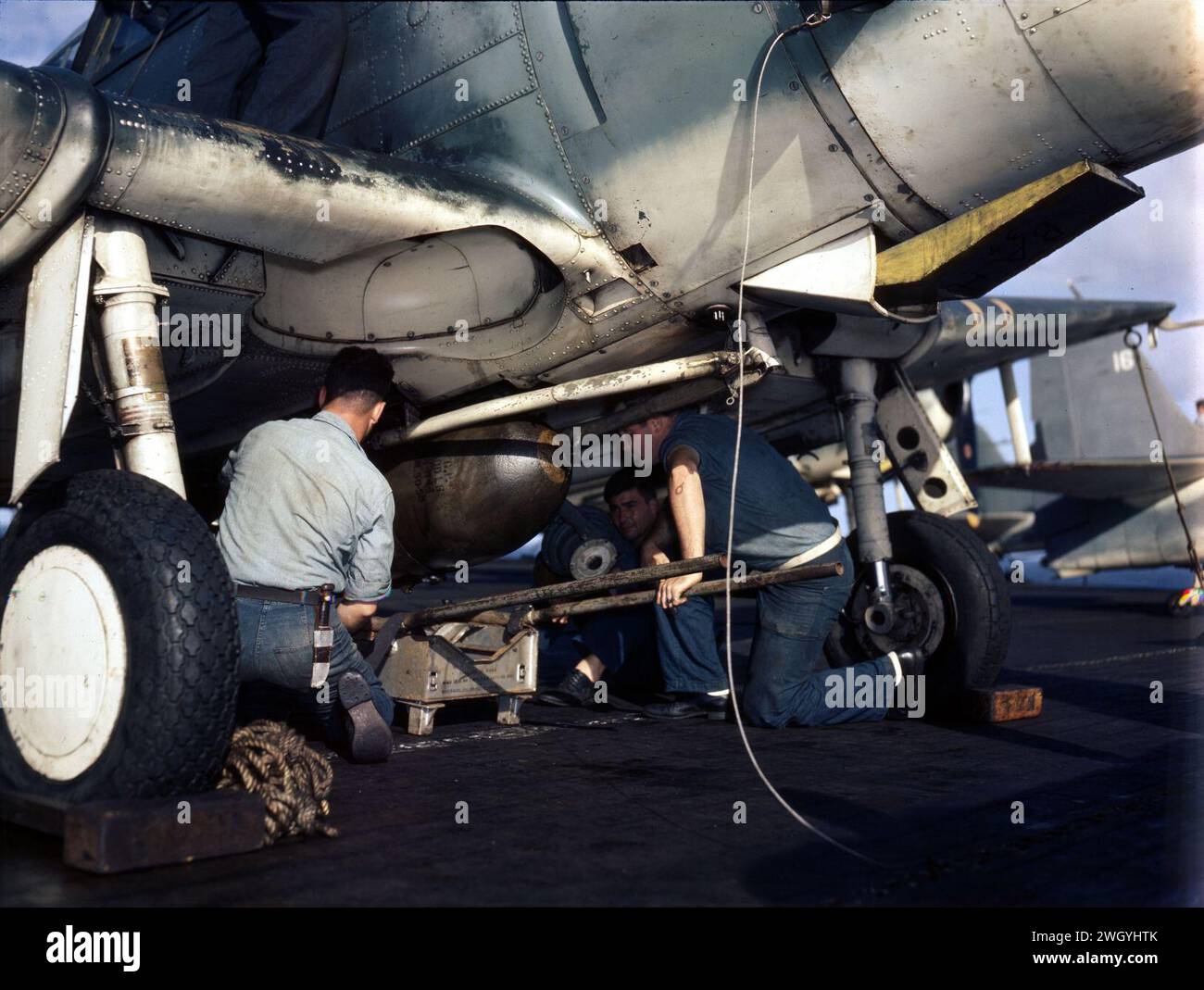 Aviation Ordnancemen loading a bomb on a Douglas SBD-5 Dauntless, circa ...