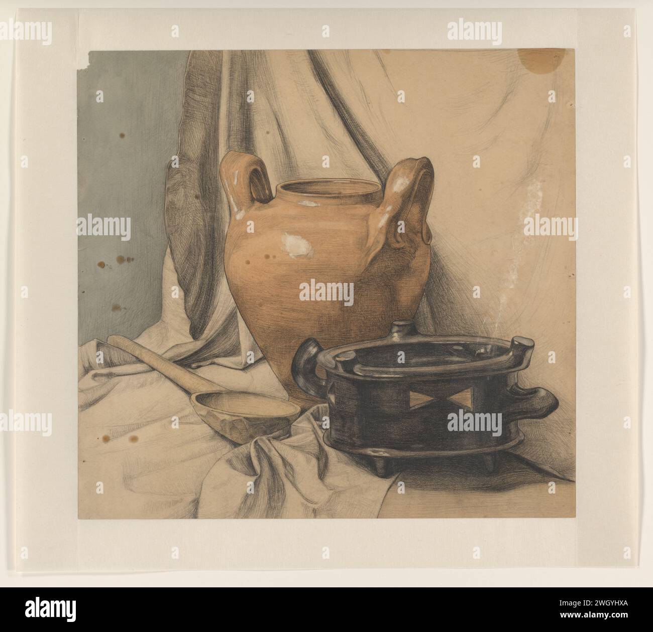 Still life with pottery and a wooden spoon, Julie de Graag, 1887 - 1924 drawing paper. chalk ...