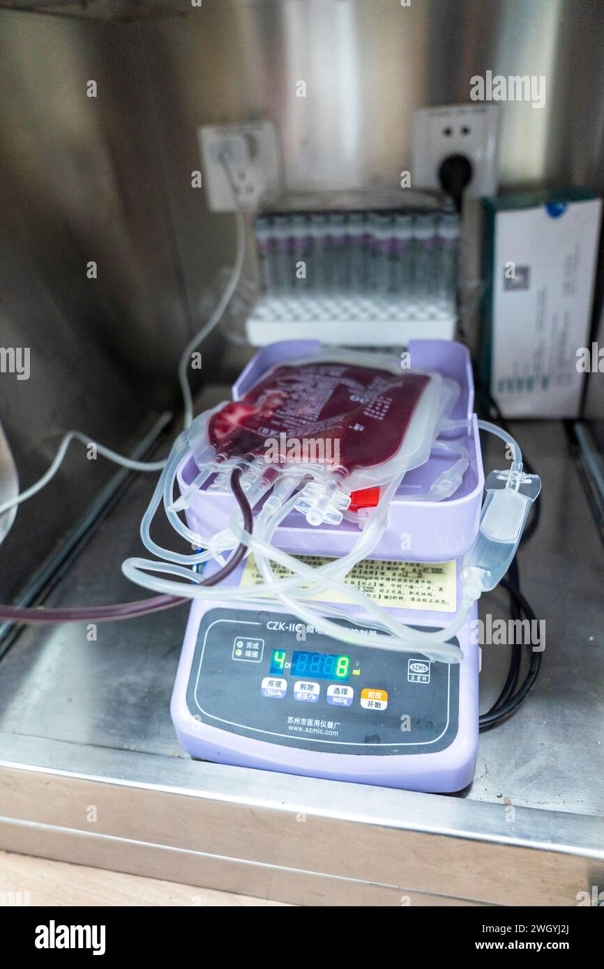 ENSHI, CHINA - FEBRUARY 1, 2024 - Blood collection bags swing on the ...