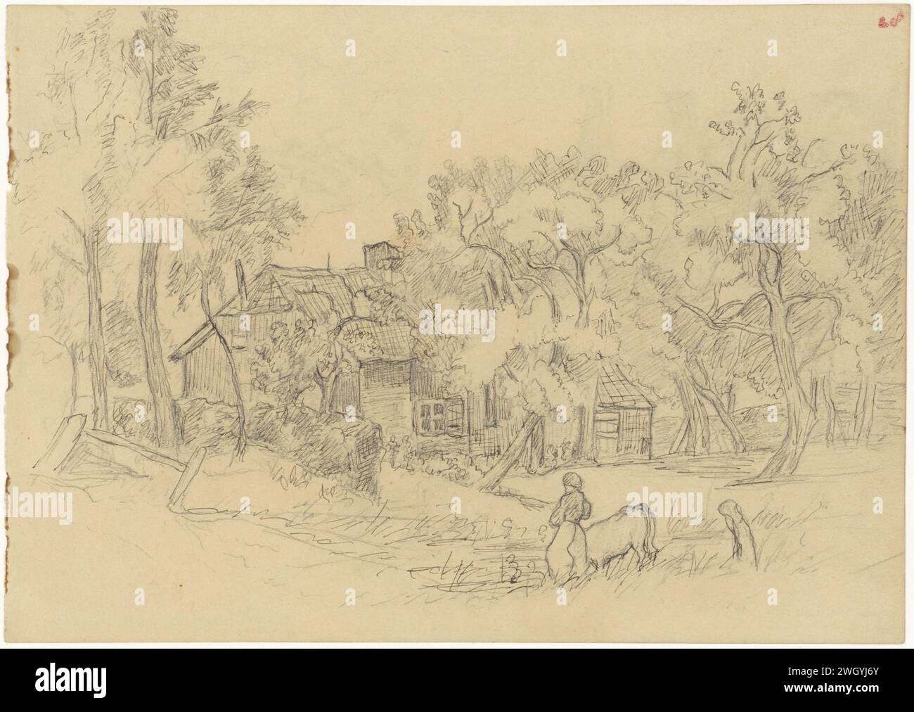 Farm between trees, Jozef Israëls, 1834 - 1911 drawing paper. ink ...