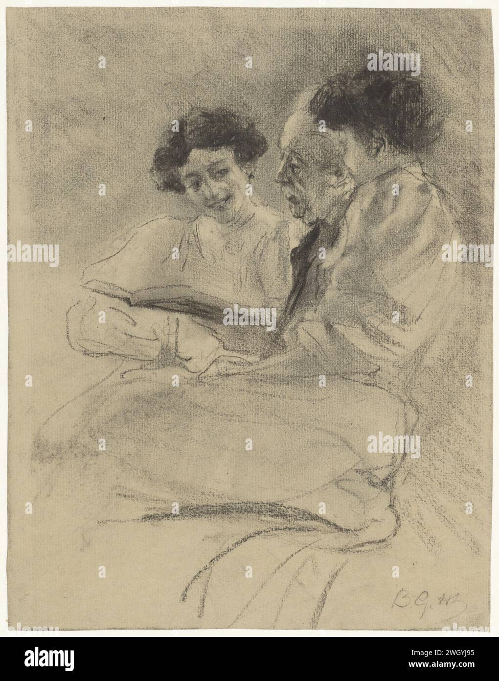 Portrait of A. Grandmont with a book and two women, Bramine Hubrecht ...
