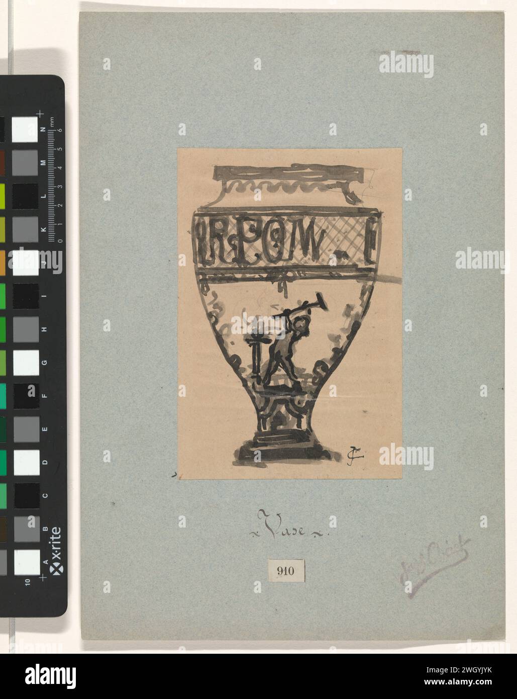 Vase with figure that hits an anvil and the inscription: rpom, c. 1870 ...